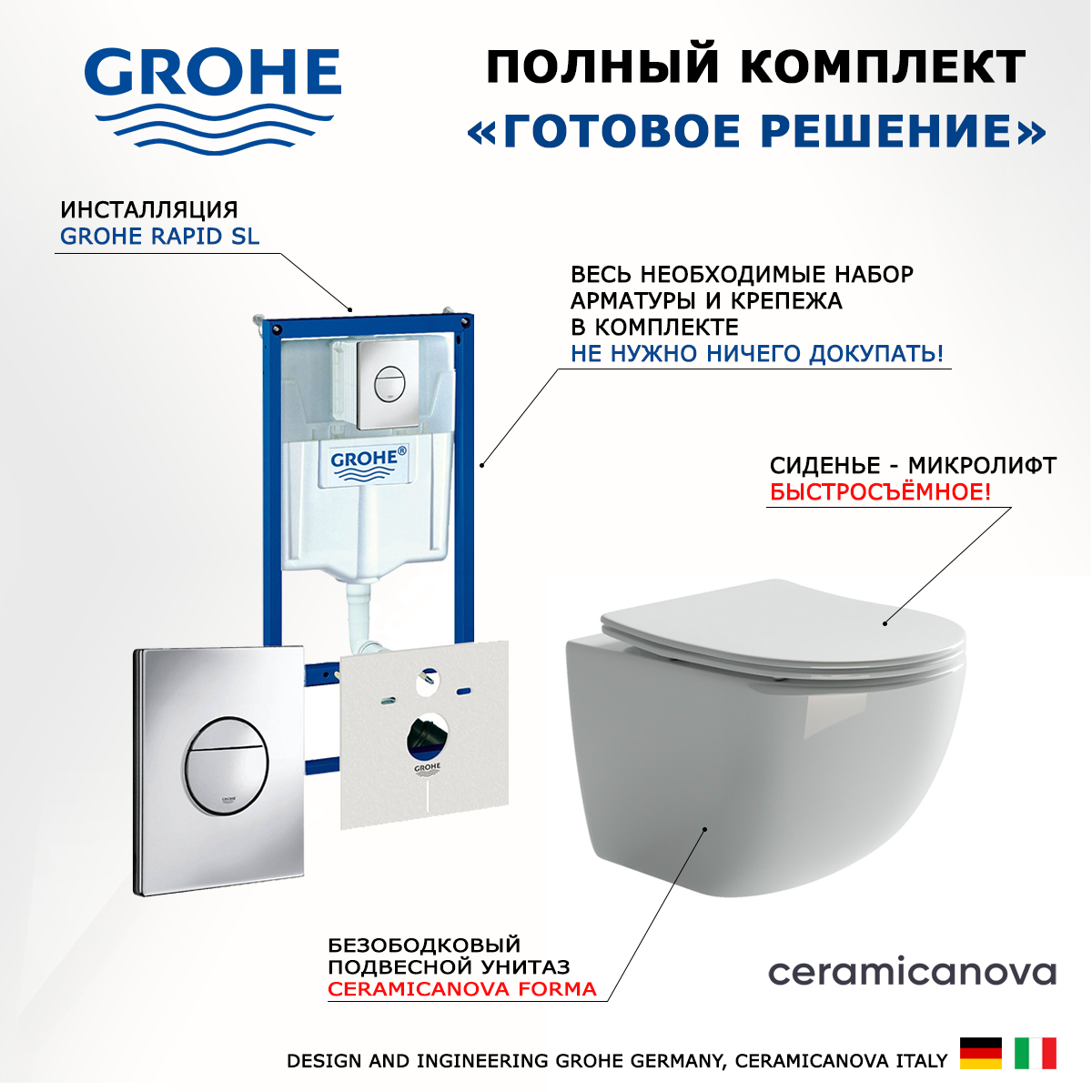 Комплект 3 в 1 инсталляция Grohe Rapid SL + Унитаз подвесной Ceramica Nova Forma CN3009 + кнопка хром Nova круглая