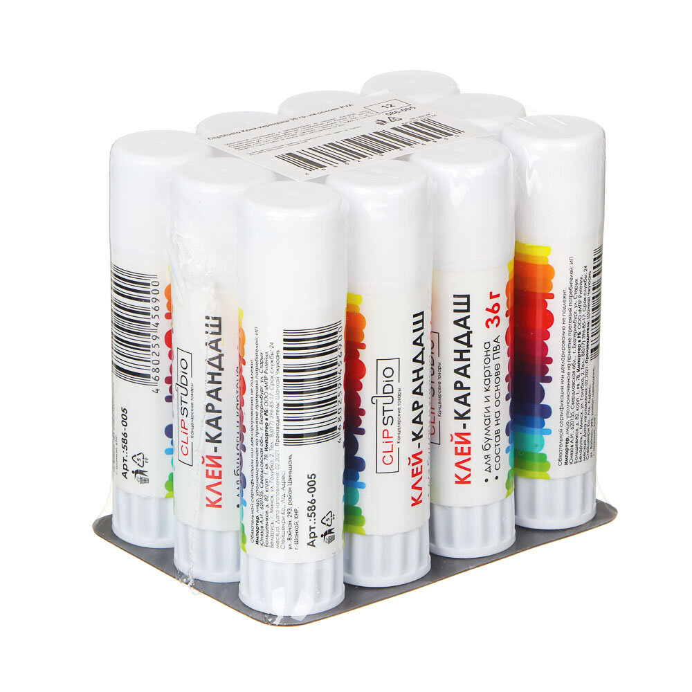 Клей карандаш канцелярский для бумаги 36 г, набор 12 штук, на основе ПВА