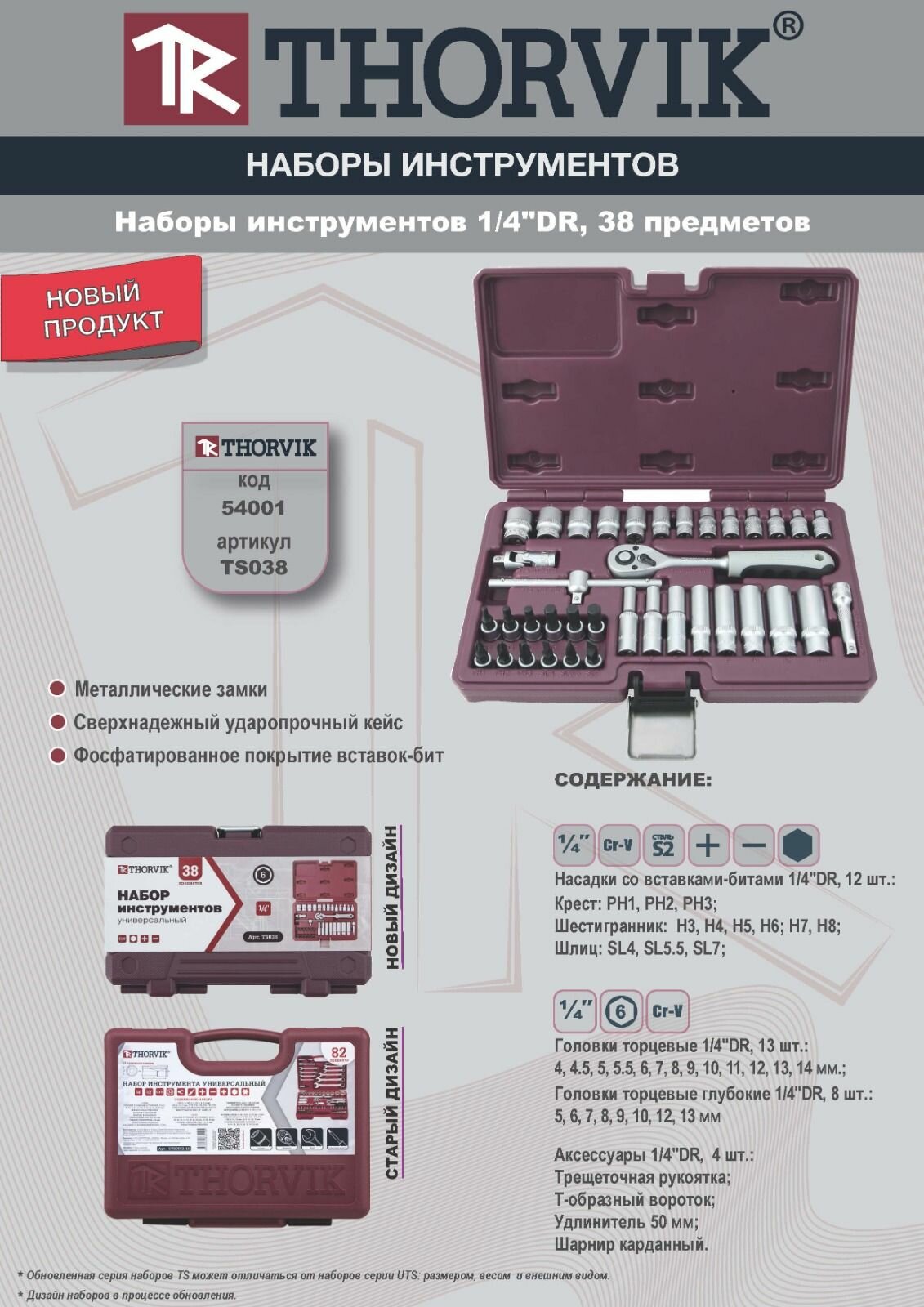 Универсальный набор инструментов для автомобиля и дома TS038 1/4"DR, 38 предметов THORVIK