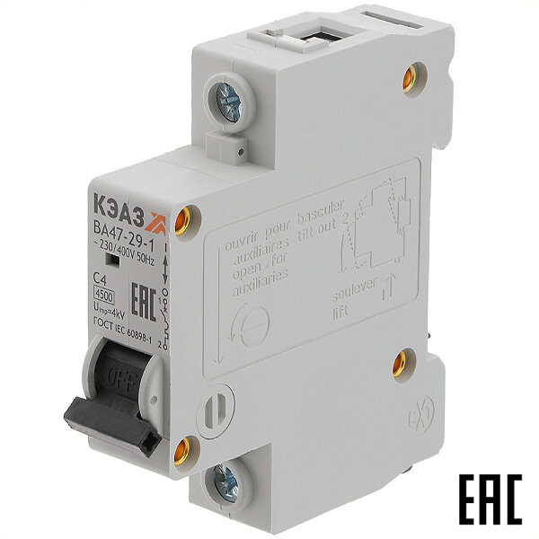 Автоматический выключатель ВА47-29-1C4 4А/1п/ 4,5кА на Din-рейку 318204 КЭАЗ (2 шт. в комплекте)