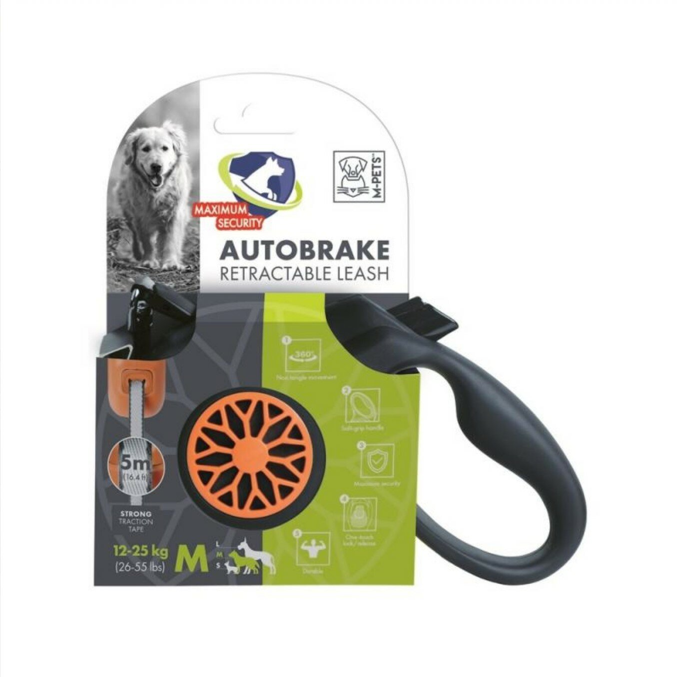 M-PETS Поводок-рулетка с автотормозом, 5м, до 25кг, оранжевый 17х12х6см