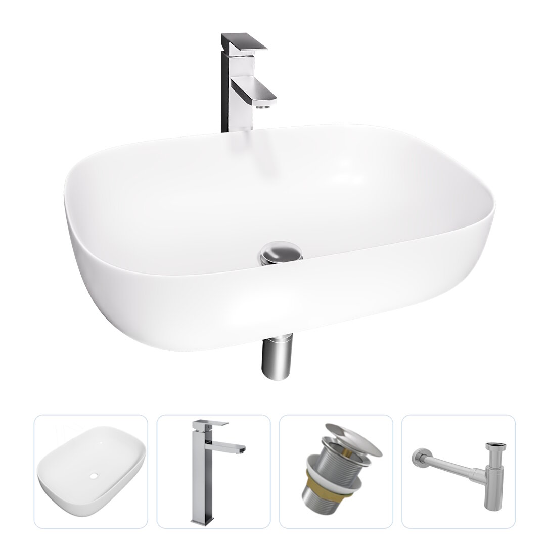 Раковина накладная для ванной Teymi Solli 60 в комплекте смеситель высокий хром донный клапан клик-клак без перелива хром и сифон хром F13018