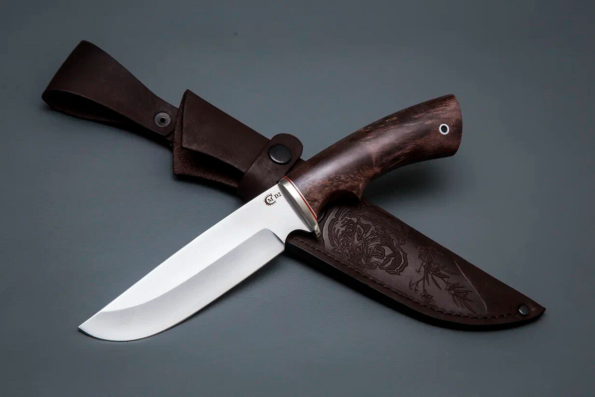 Нож из стали D2 «Лорд», рукоять литье мельхиор, стабилизированная карельская береза