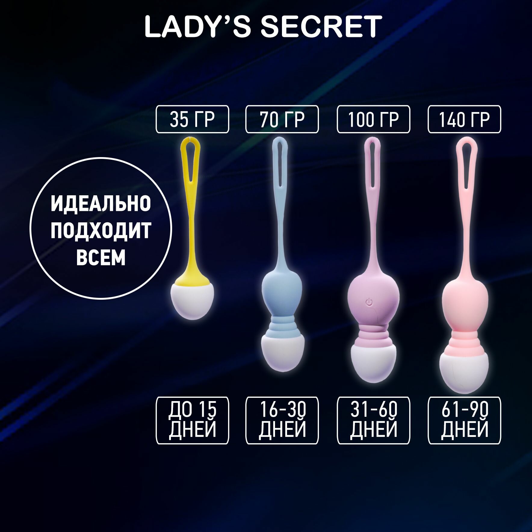 LADY'S SECRET Вагинальные шарики Кегеля с вибрацией премиальные. Тренажер Кегеля. 35, 70, 105, 140 гр. 4 шт. Секс - Игрушки для взрослых 18+