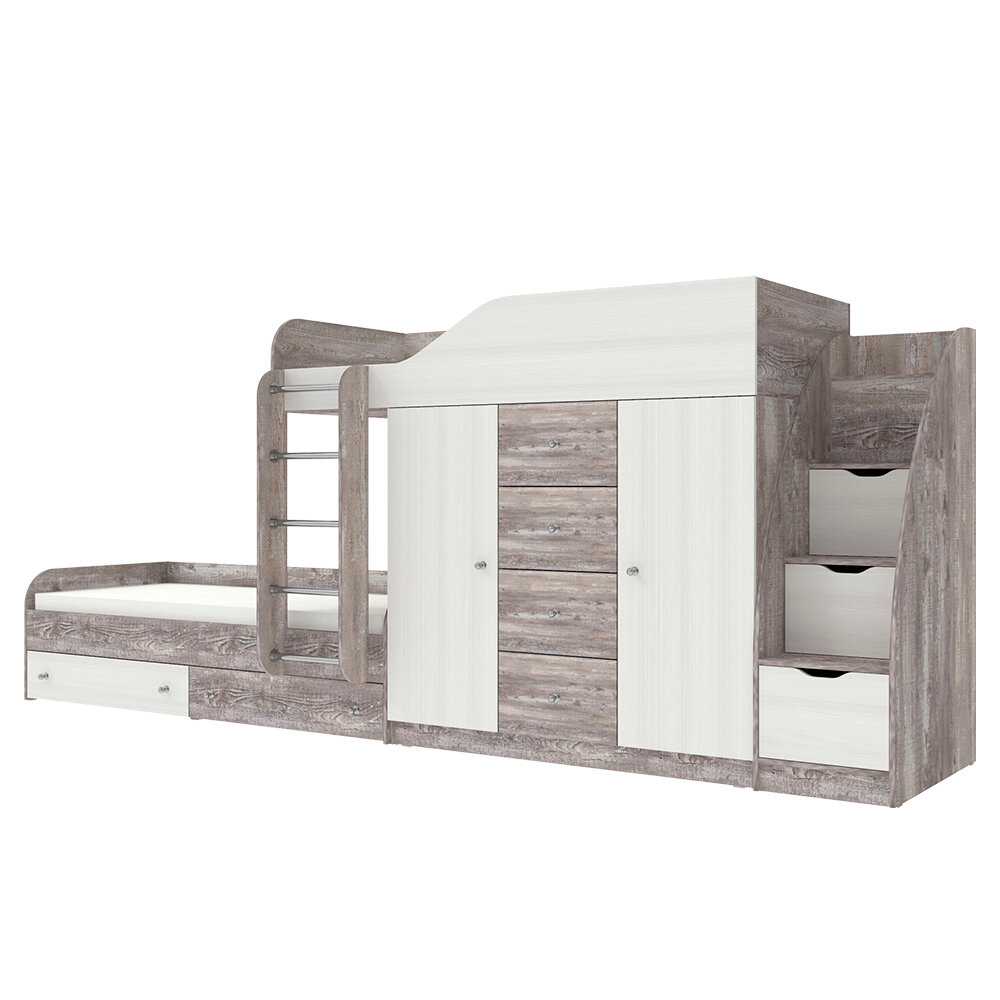 Кровать двухъярусная Астра 6 с лестницей комодом Бетон Белое Дерево