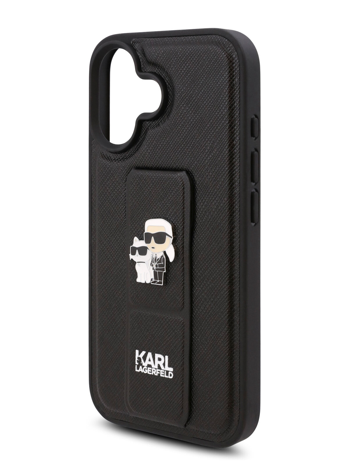 Lagerfeld для iPhone 16 чехол GripStand PU Saffiano NFT Karl & Choupette metal Hard Black