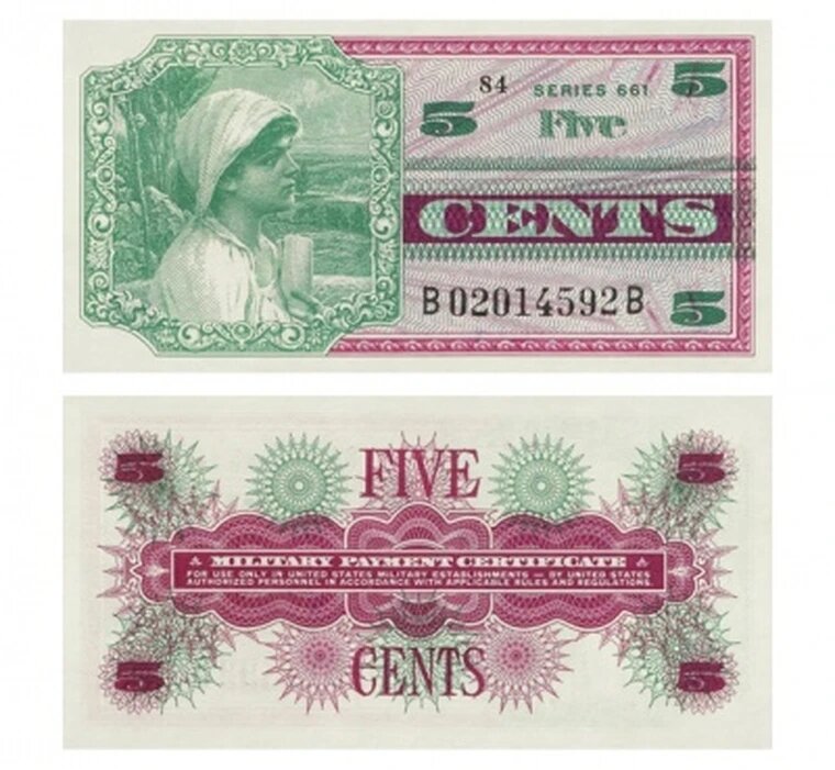 5 центов 1968 США военный платежный сертификат, сувенирная копия, банкноты и купюры редкие коллекционные