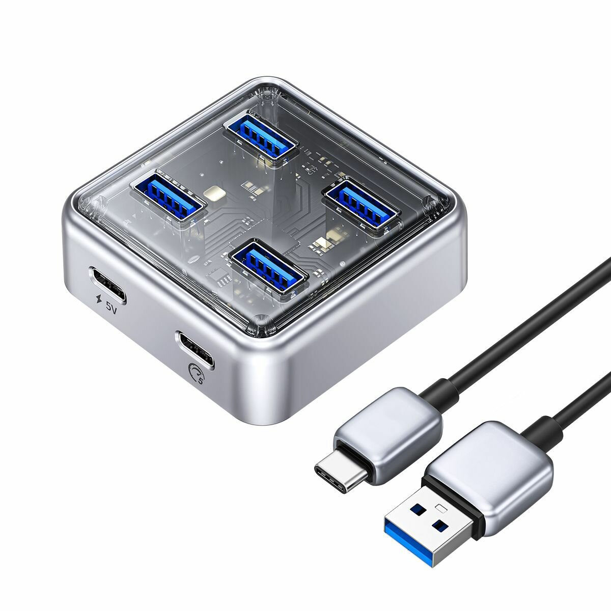 Usb разветвитель ORICO XHJ4U-U3 USB HUB3.0, хаб USB,4порта USB-A, Порт питания Type-C, Сплав цинка, 0.5м