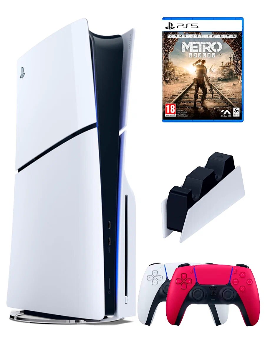 PS5 (ПС5) Игровая приставка Sony PlayStation 5 Slim + 2-й геймпад(красный) + зарядное + игра Metro