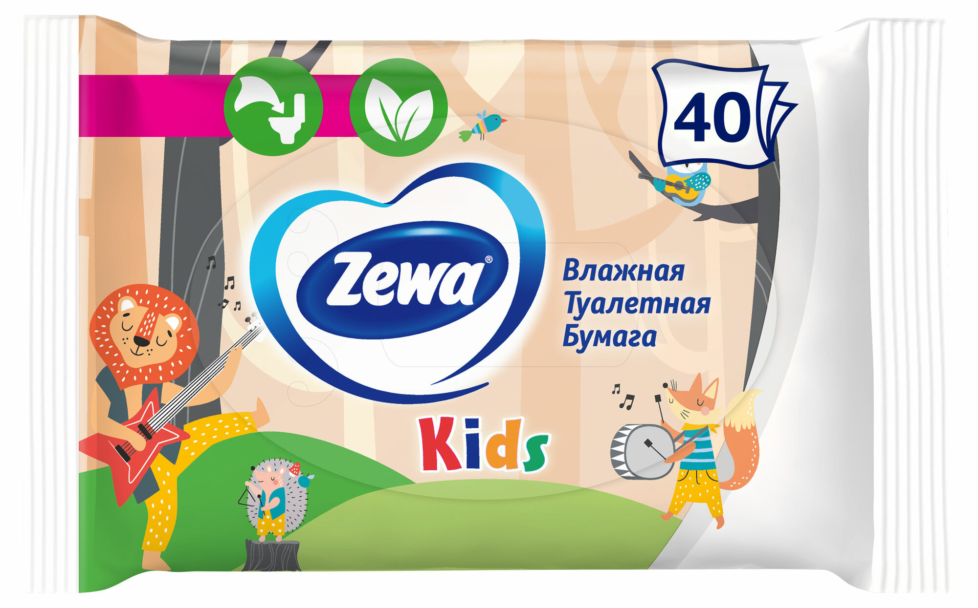 Влажная туалетная бумага Zewa Kids детская без аромата, 40 листов