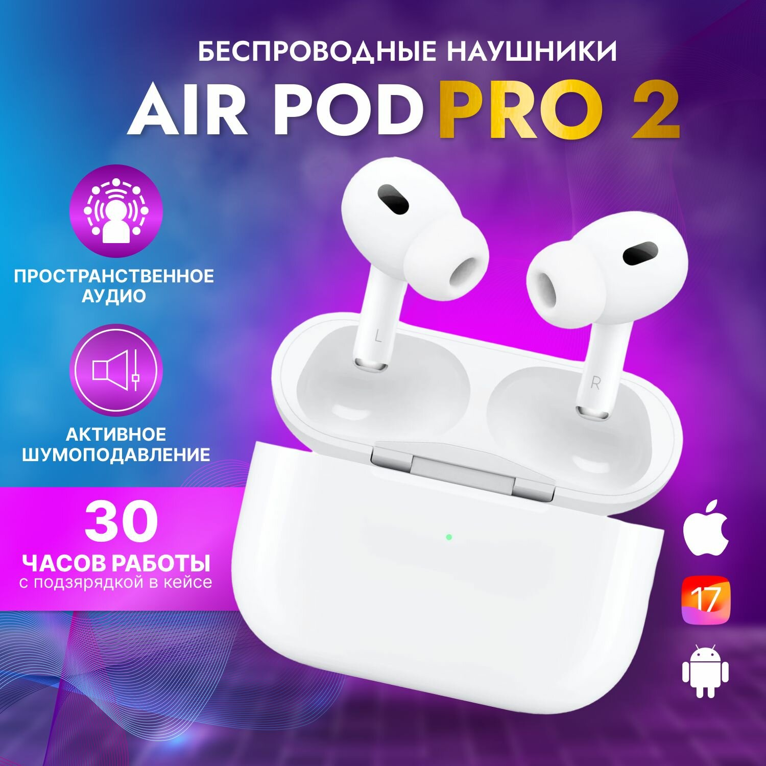 Наушники беспроводные Air с микрофоном и шумоподавлением Pods Pro 2 ANC