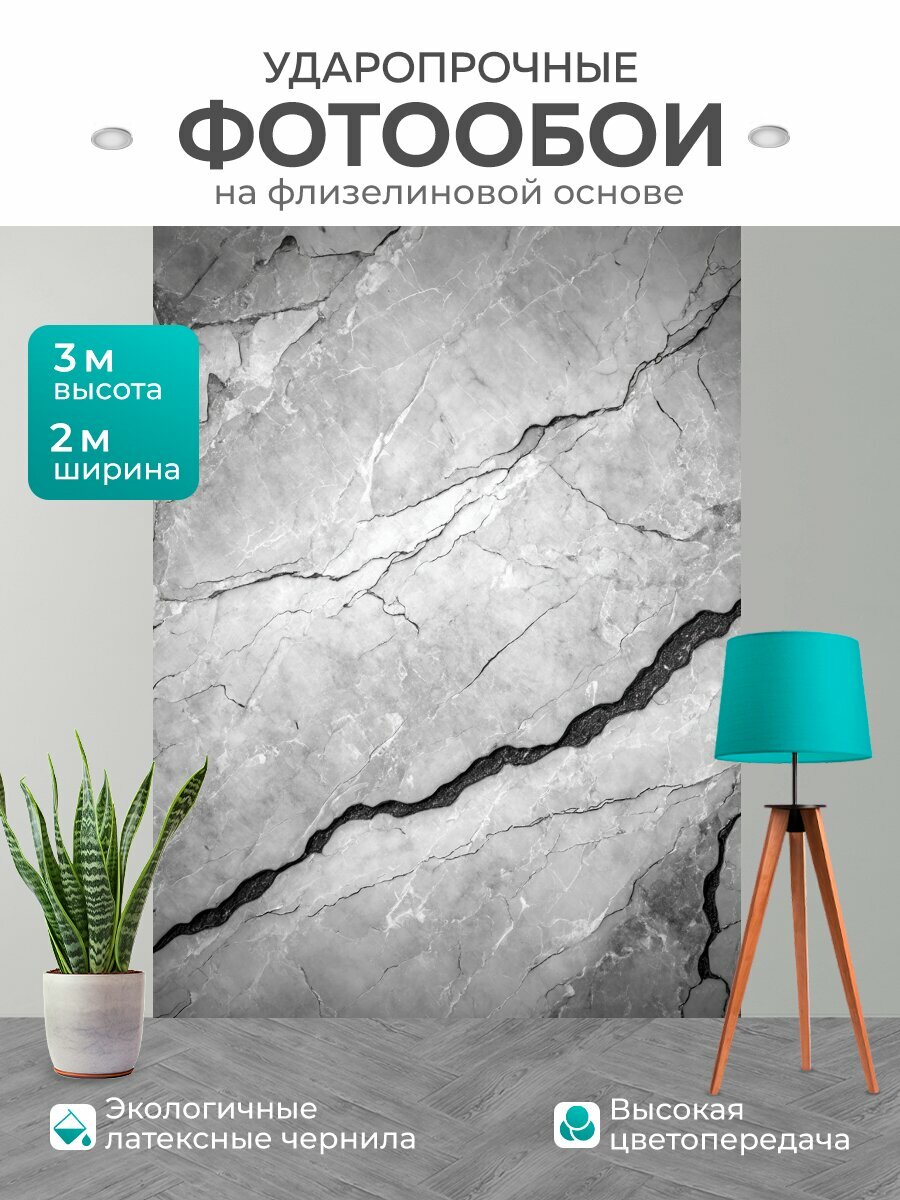 Фотообои моющиеся ударопрочные "Черно-белый, изображают структуру мрамора, с детализированными венами и прожилками. стиль — макрофотография, акцентирующая" 200x300 см. флизелиновые на стену