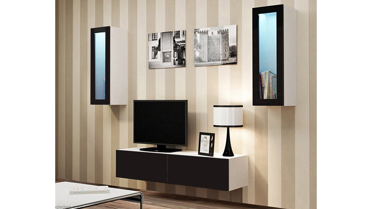 Гостиная Виго 8 Черный 0190 / Белый Фасадный 0101 NEW 210x42x180 см, черный, белый фасадный Фиеста