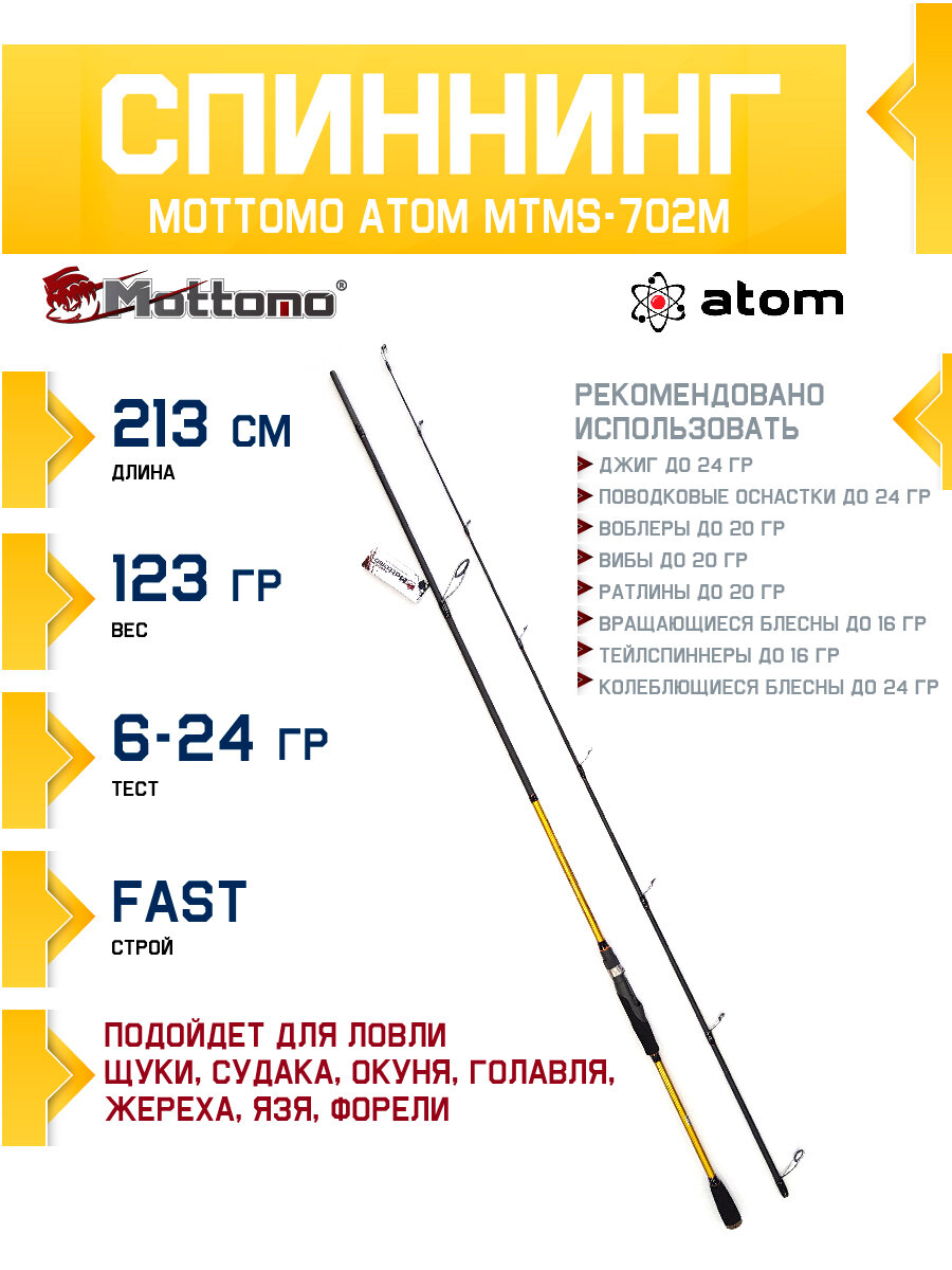 Спиннинг Mottomo Atom MTMS-702M 213см/6-24g на щуку, окуня, голавля, жереха.