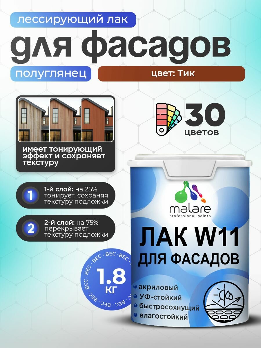 Лак колерованный тонирующий фасадный Malare W11 для защиты фасадов зданий, для дерева, камня и кирпича, быстросохнущий влагостойкий экологичный, полуглянцевый, тик, 1.8 кг.