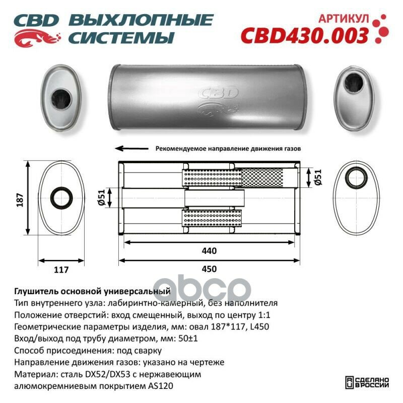 Глушитель Нержавеющий. Овал D187x117, L458. Отверстия с разных сторон по центру/смещенное (1:1) под CBD CBD430.003 CBD арт. C.