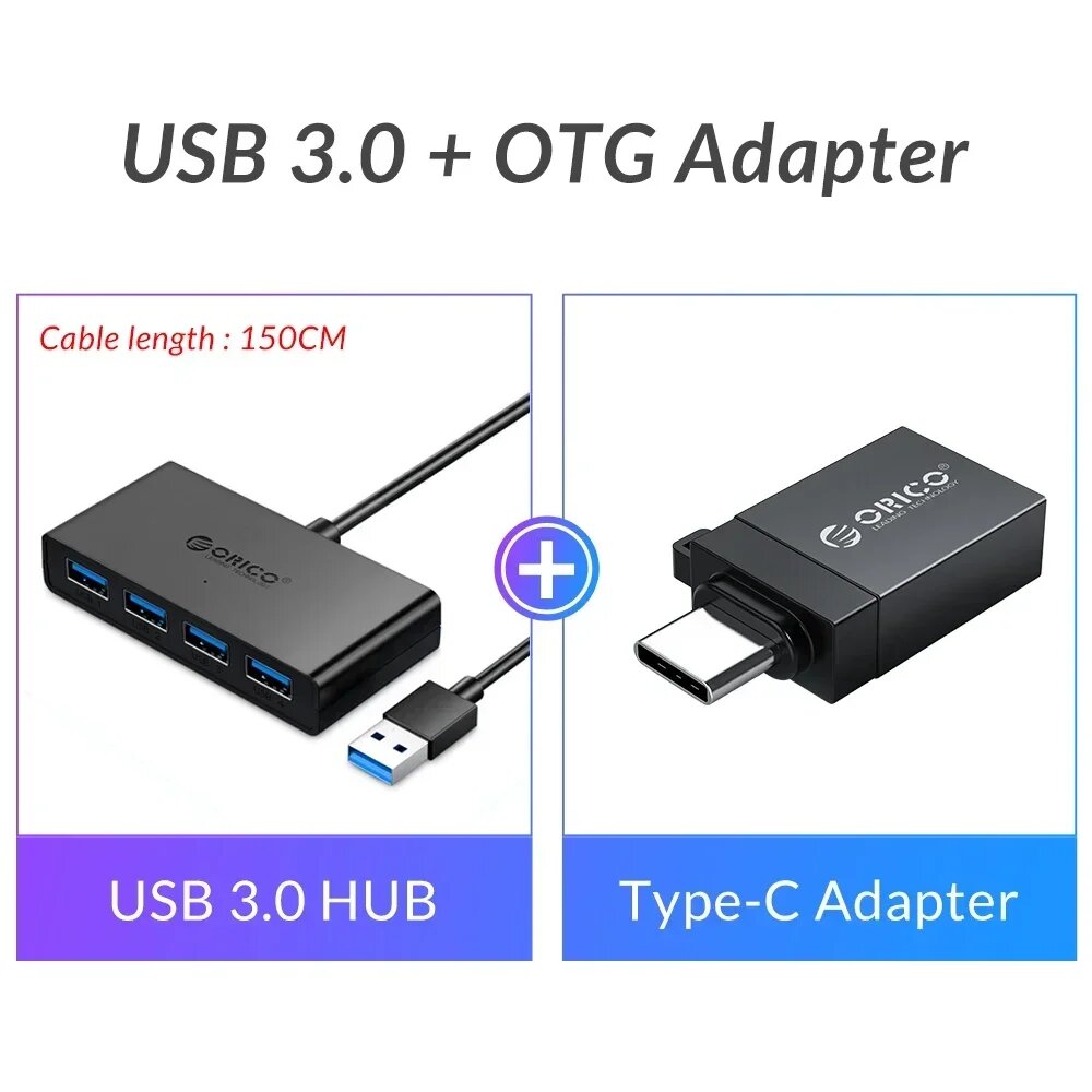 ORICO USB 3.0 хаб 4 порта + Type-C адаптер, 150см