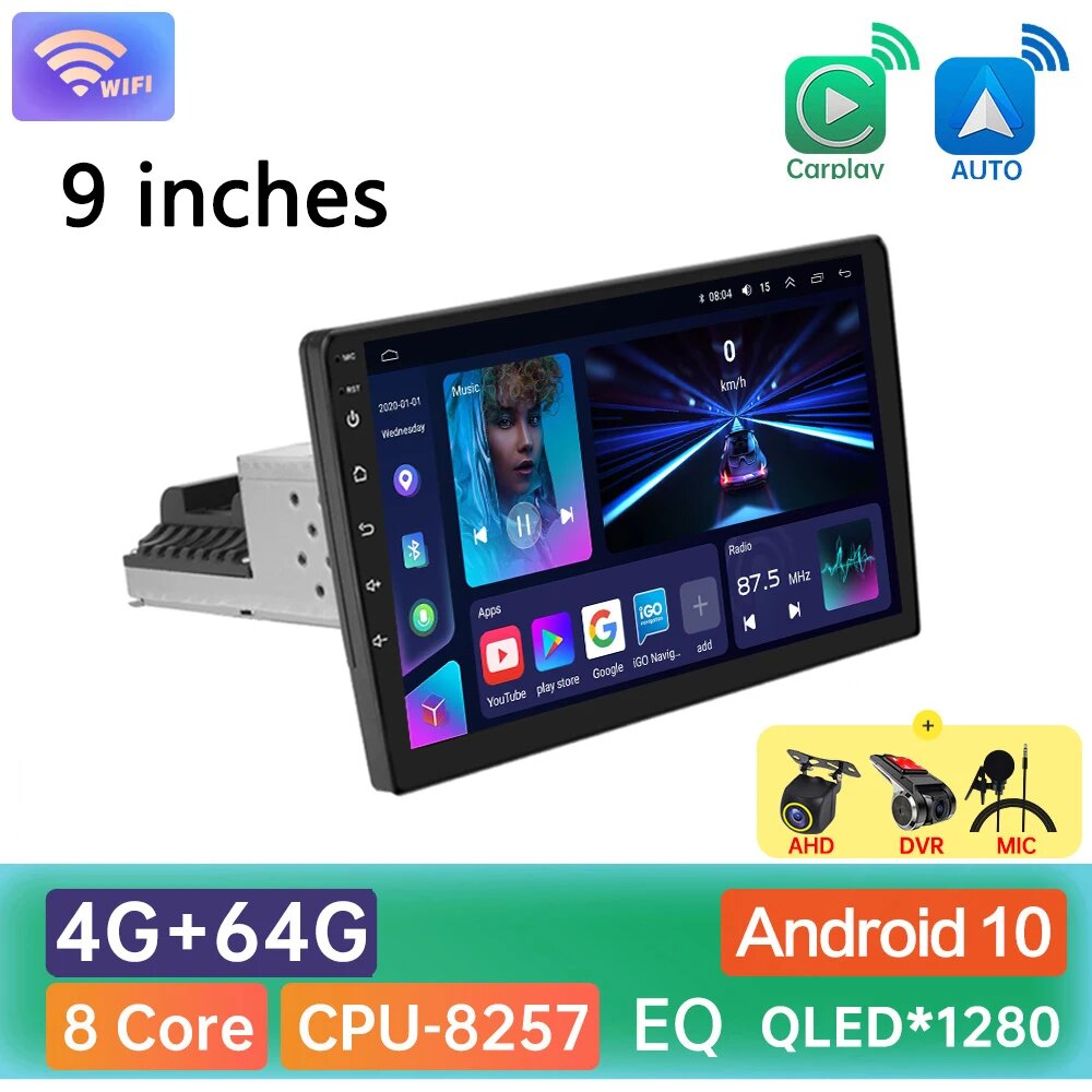 Автомагнитола 1 Din, 4 + 64 дюйма, Android 9/10, GPS, Bluetooth, 8 ядер 9-4G-64G-AHD-DVR