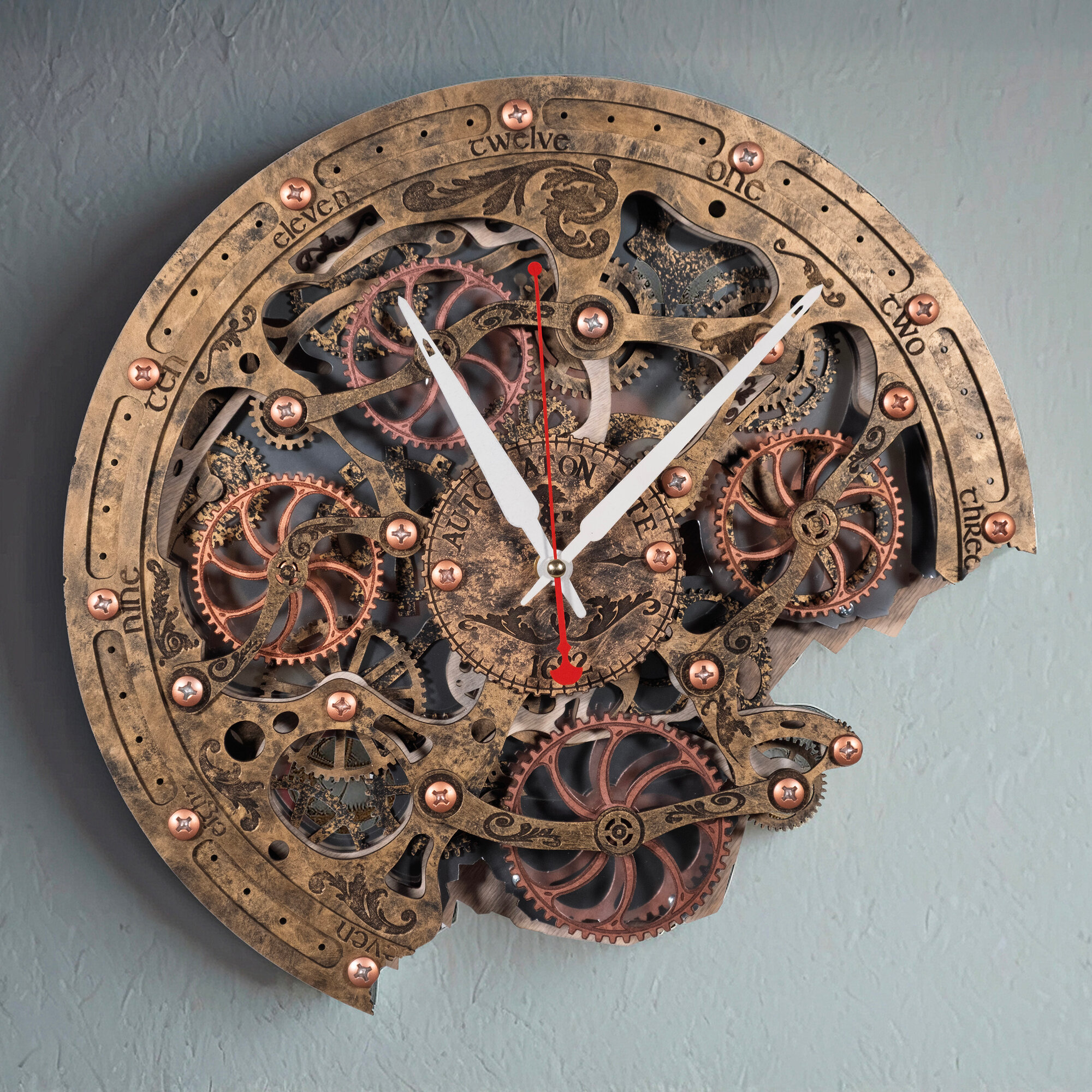 Настенные часы ручной работы Automaton Bite 1682 Старое Золото с шестерёнками — стильный декор для дома офиса студии