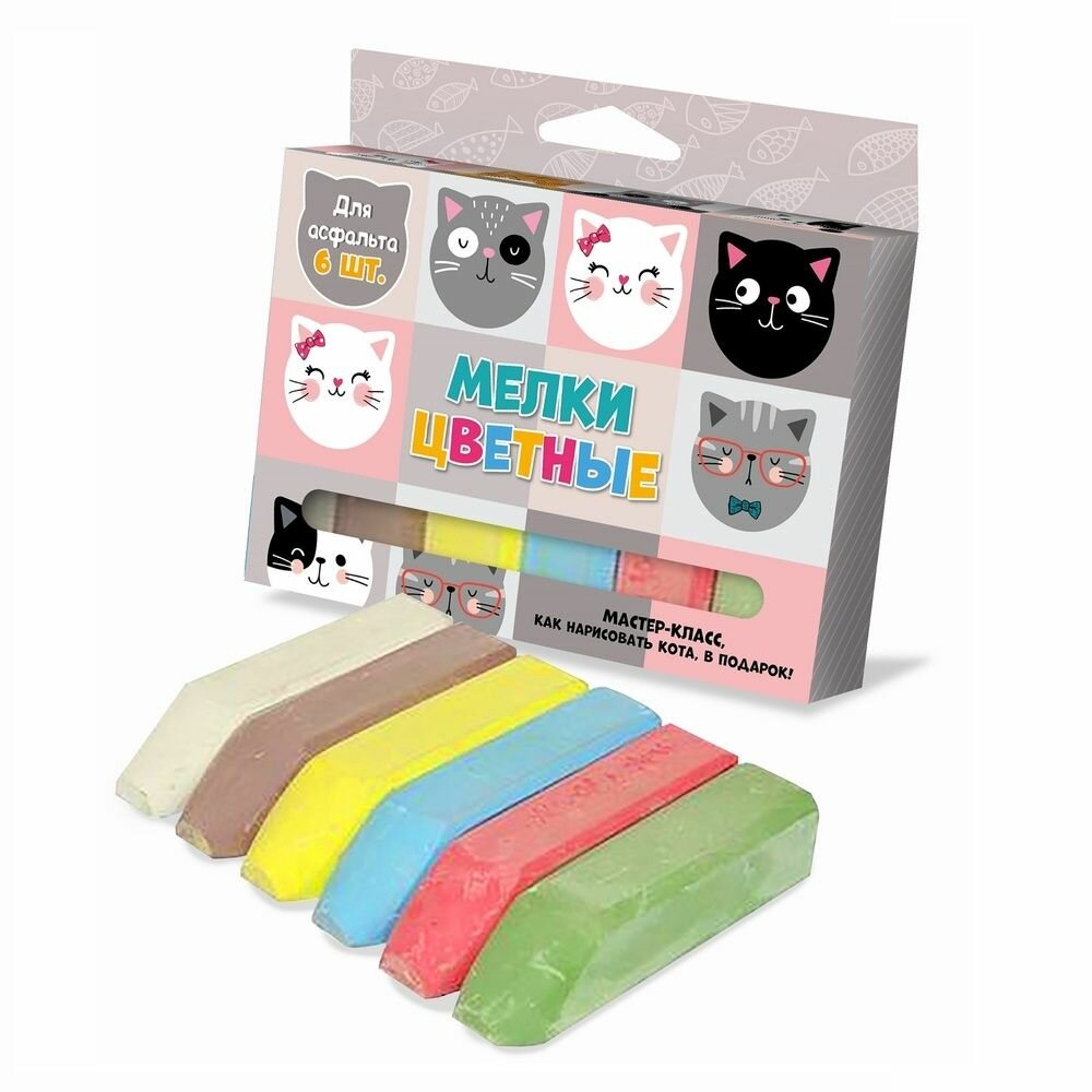 Набор цветных мелков ND Play "Кошки с ушками", для асфальта, 12,3х8,4х2,2 см, 6 шт (КВР Асф 06ЦВ)