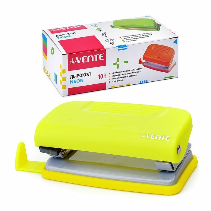 Дырокол deVENTE "Neon", желтый, на 10 листов, пластиковый, с линейкой, в коробке (4020800)