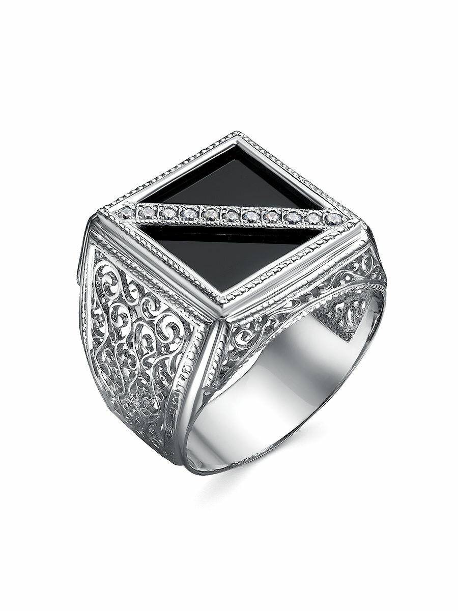 Печатка, серебро, 925 проба, родирование, агат, фианит