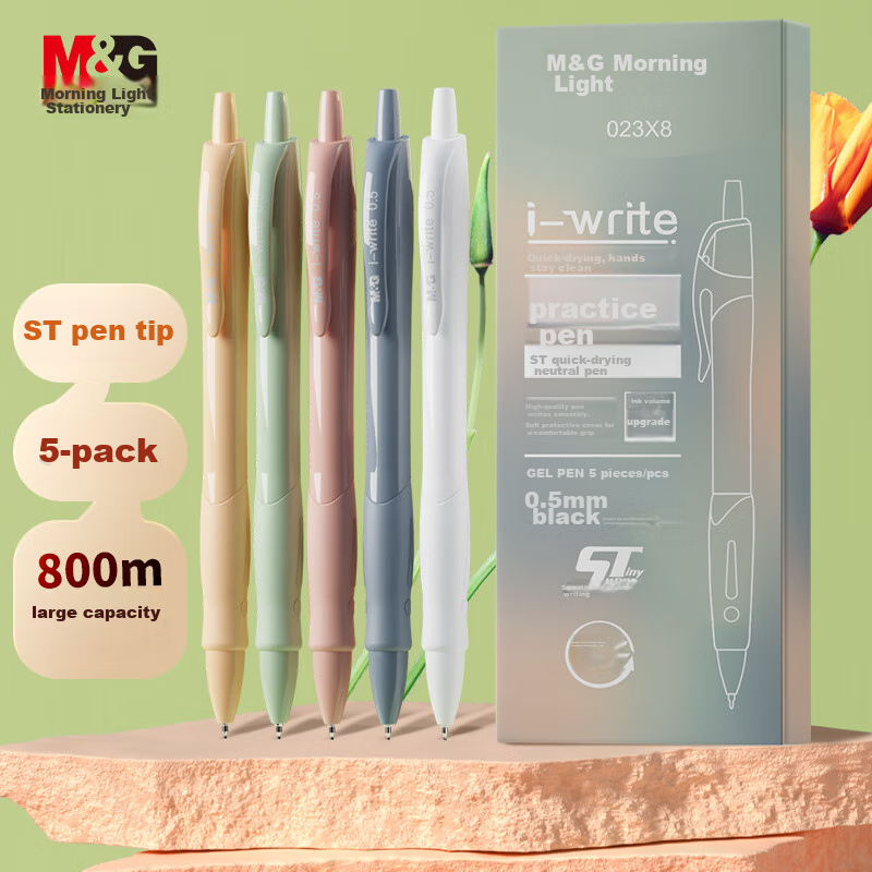 Chenguang (M&G) Stationery, Gel Pen, Retractable Exam Pen, ST Quick-Drying Smooth Writing Pen, Morandi Color Series 0.5mm Black Signature Pen, 5-Pack, AGP023X8 for Postgraduate Entrance Exam