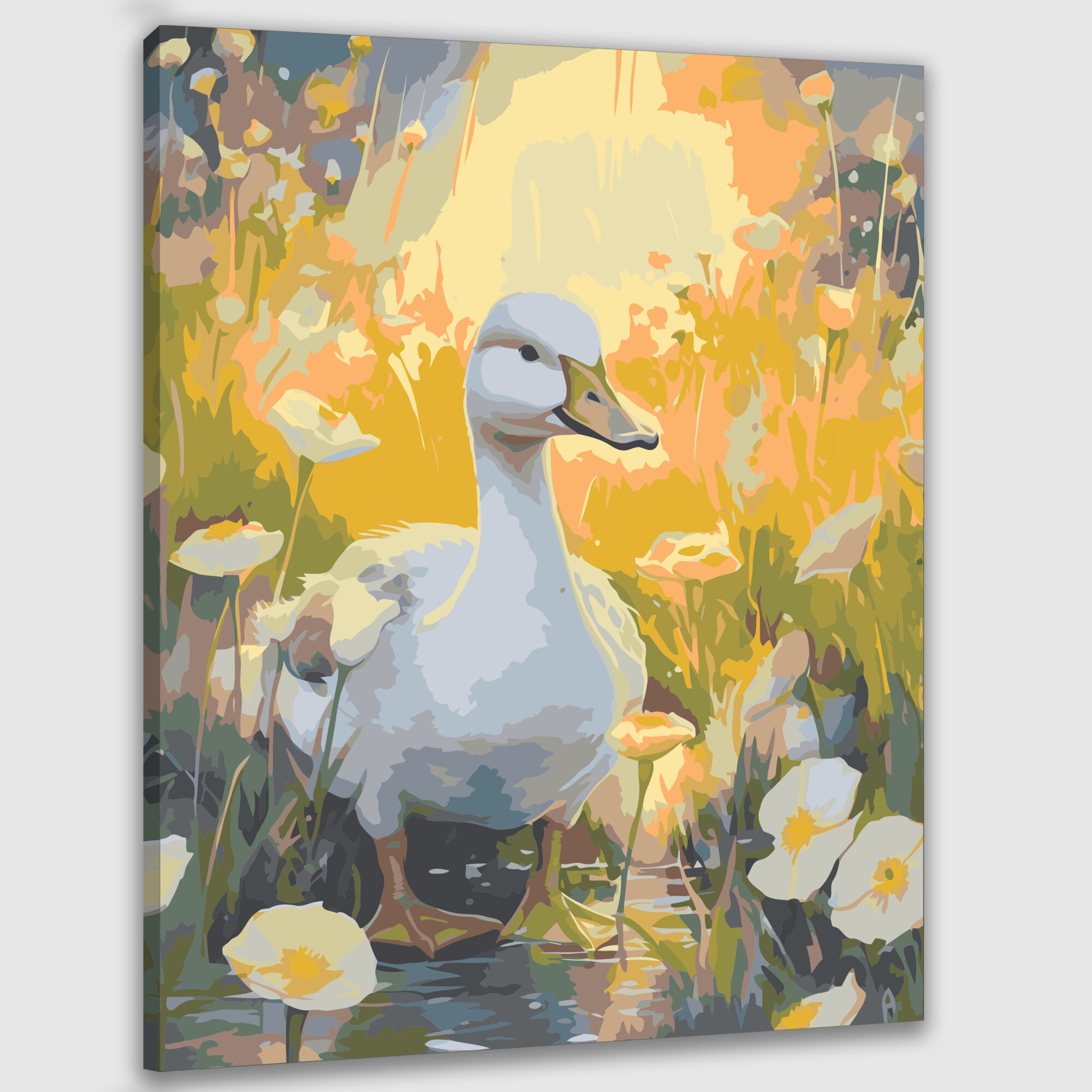Картина по номерам 40x50 см, гусь, иллюстрация, акварель, луг, солнце, золотистый свет, пушистые перья, цветы, трава