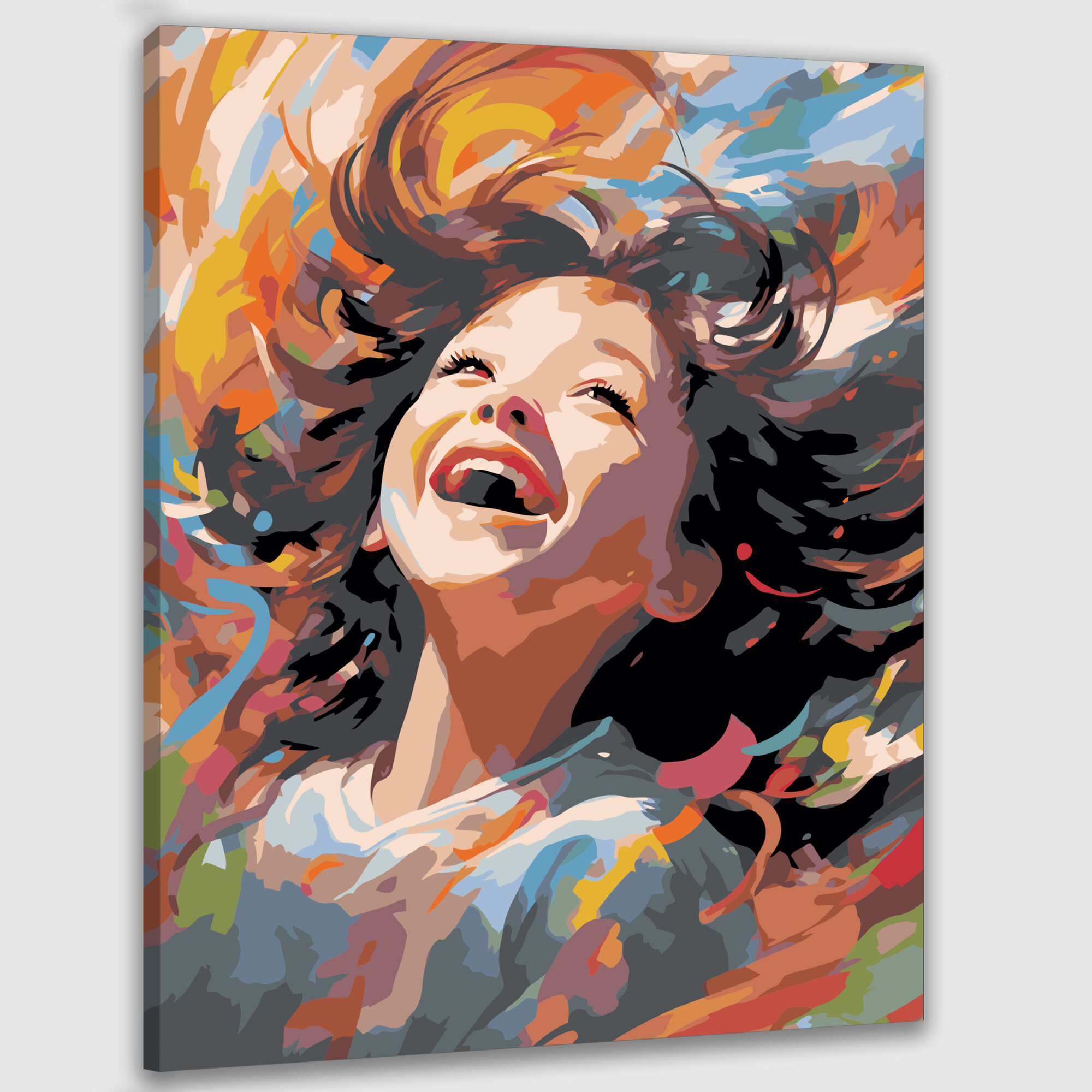 Картина по номерам 40x50 см, молодая девушка, улыбка, радуга цветов, радостное выражение лица, причудливый стиль