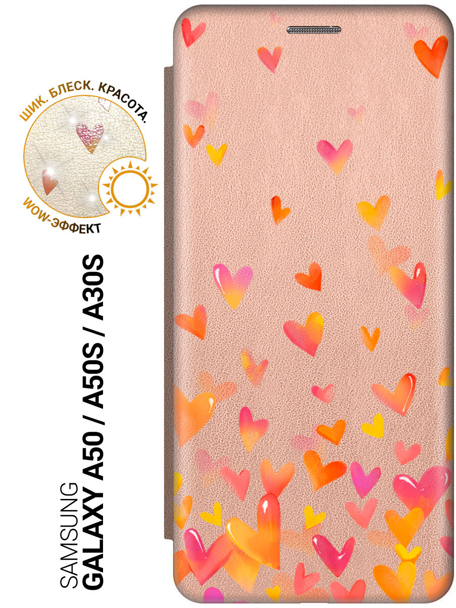 Чехол-книжка на Samsung Galaxy A50, A50s, A30s, Самсунг А50, А30с, А50с с 3D принтом "Flying Hearts" золотистый