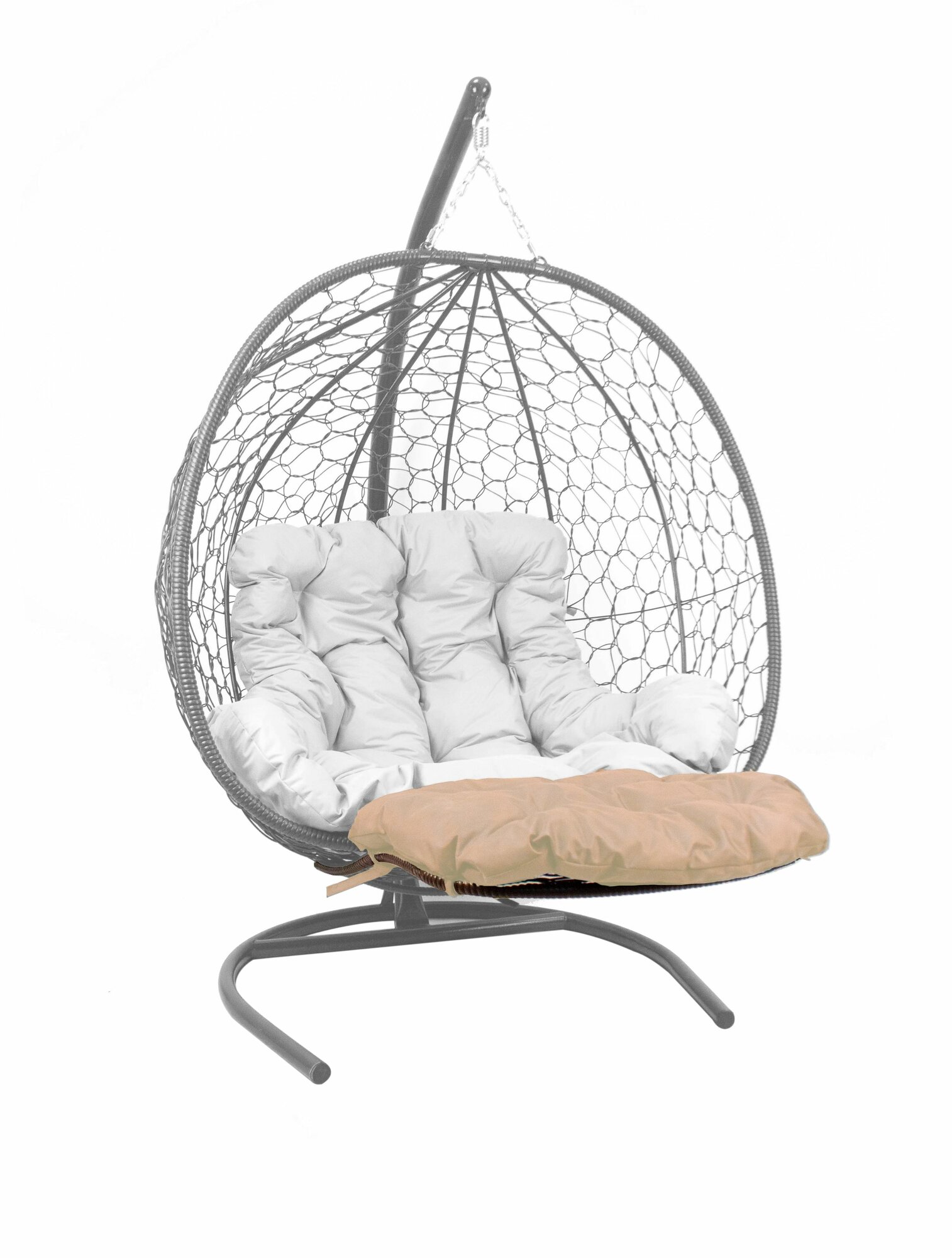 Подставка для ног на кресло подвесное для двоих, с ротангом коричневое, бежевая подушка