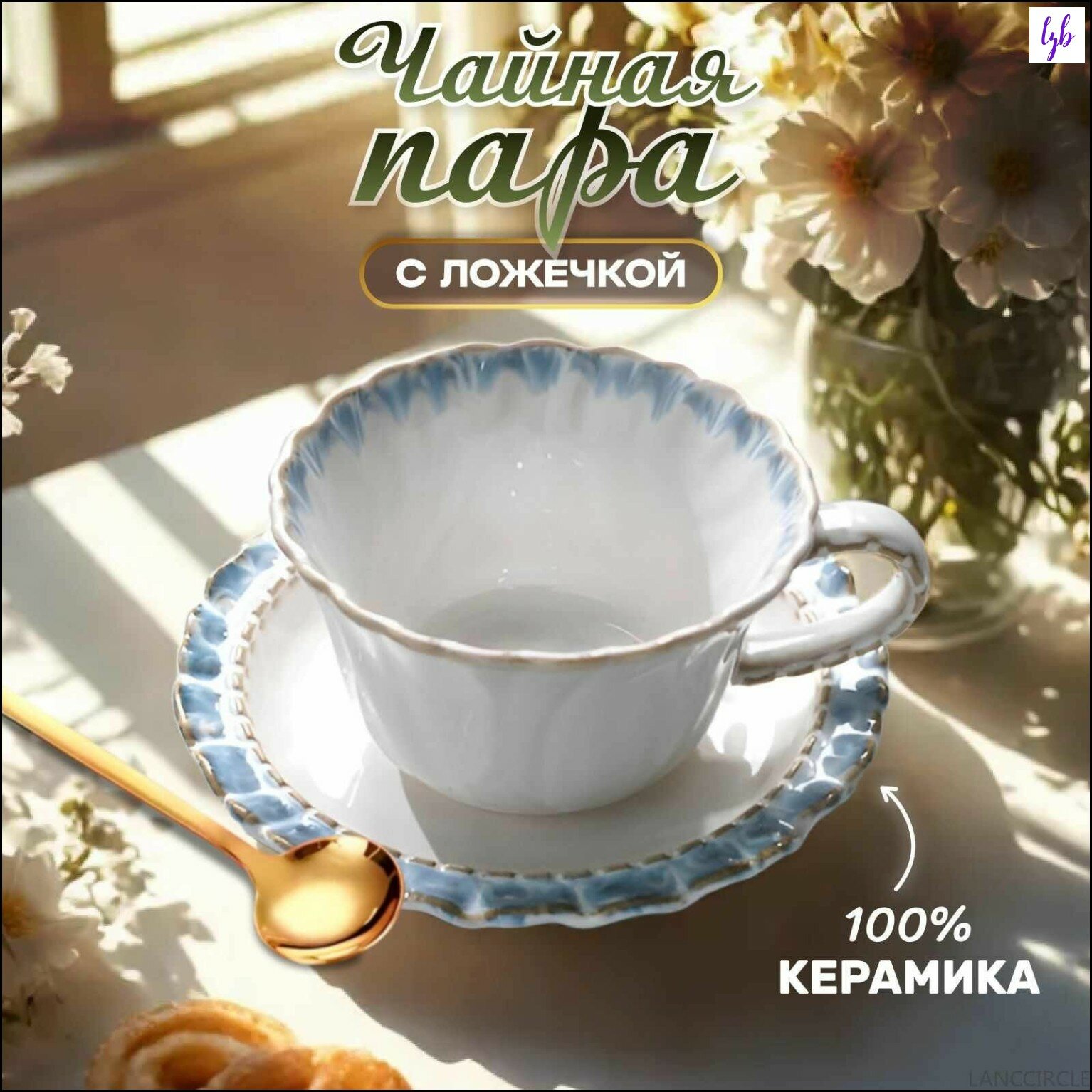 Сервиз с кружкой, блюдцем и ложкой LANCCIRCLE, керамика, белый/голубой