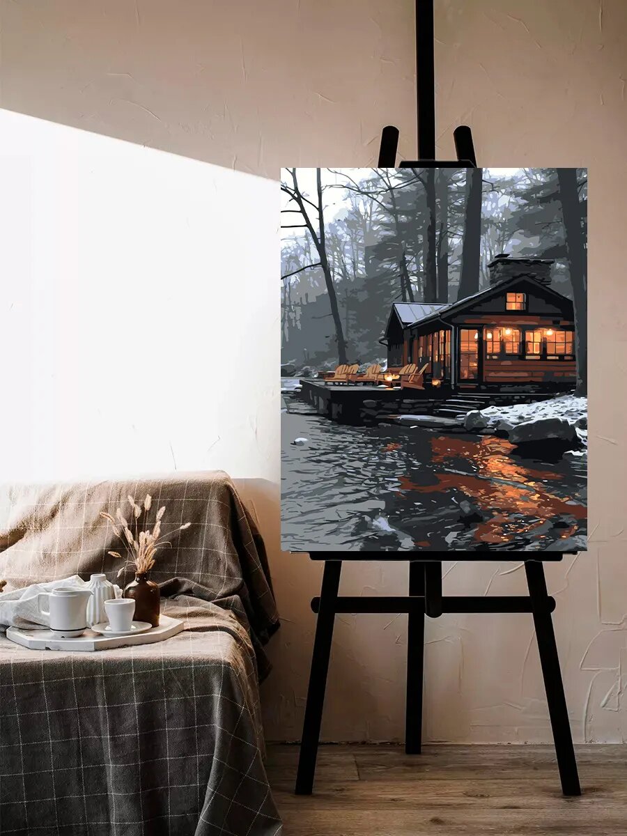 Картина по номерам Домик в Лесу у Озера Пейзаж