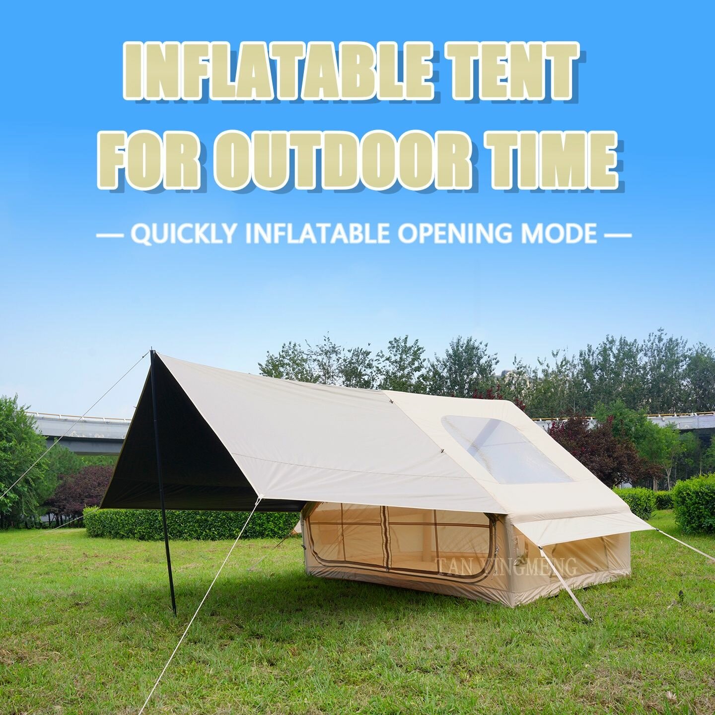 Открытый кемпинговый надувной шатер с большим мансардным окном в расширенном переднем дворе