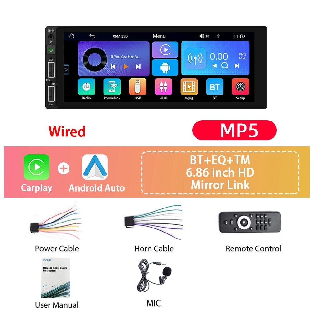 Автомагнитола Podofo 1 Din, Android, Carplay, MP5/2 + 64 ГБ, Bluetooth, 6,86 дюйма, Wired carplay MP5