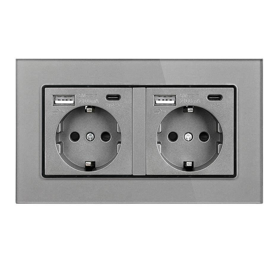 Розетка электрическая двойная с USB и type-C входами, рамка закаленное стекло панели Серый