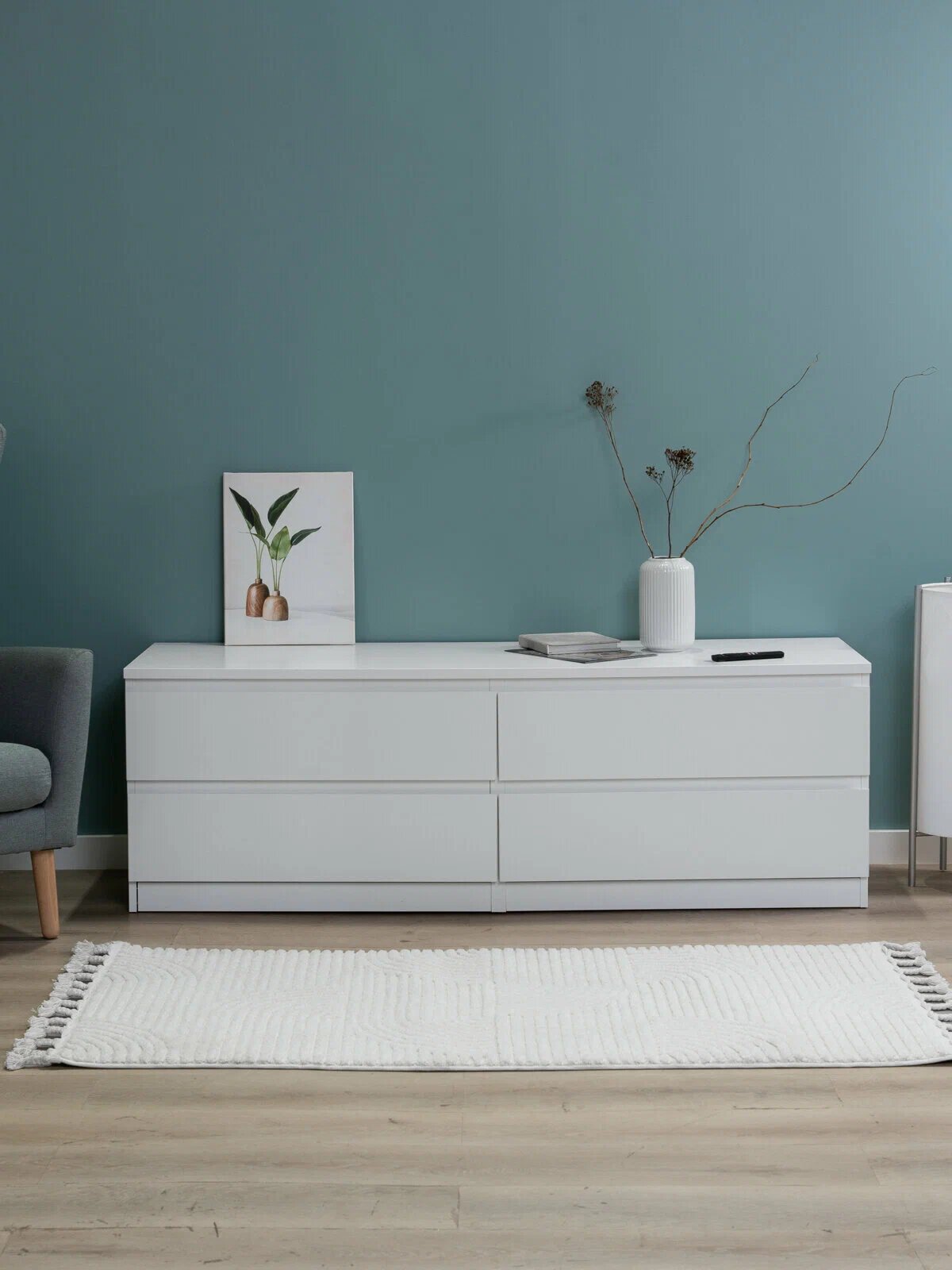 Тумба под телевизор белая "Мальта", с 4 ящиками, 160х48х54 см, ЛДСП