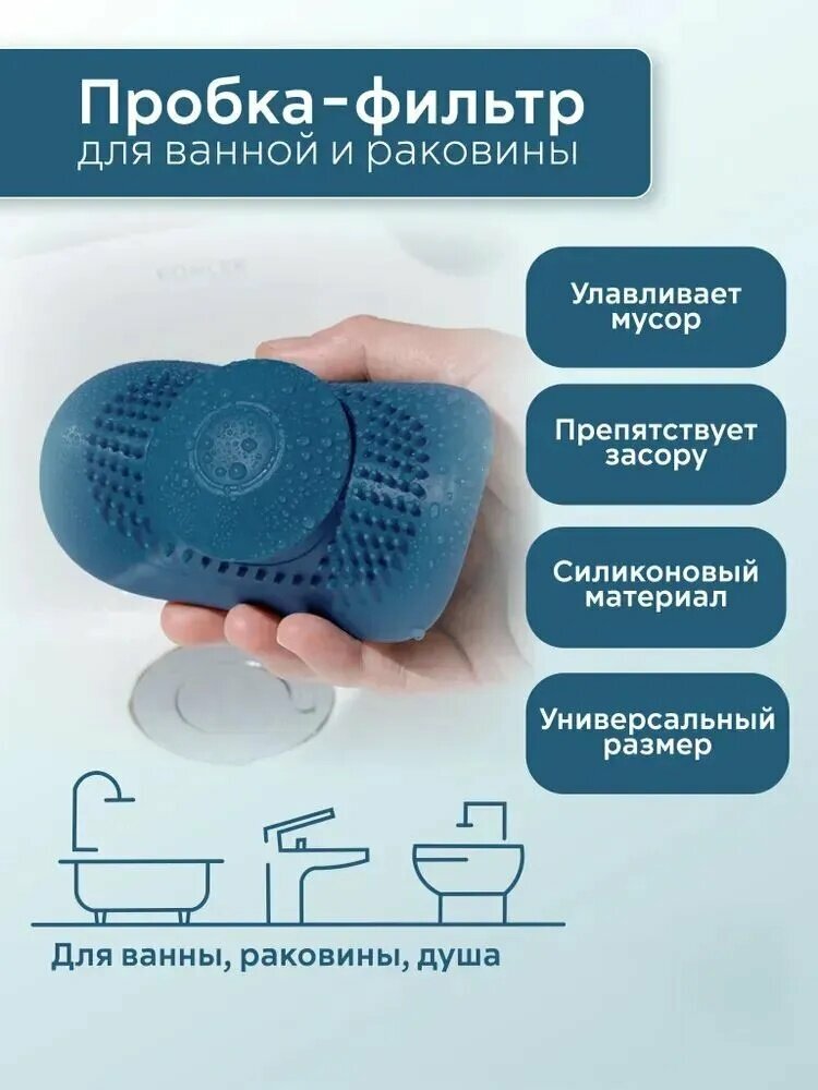 Пробка для ванной, раковины, слива, душа и кухни, универсальная заглушка затычка, пробка фильтр сливная для ванны, хозяйственная для дома и дачи, силиконовая синяя--LY