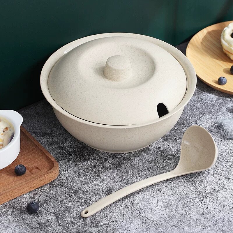 Большая суповая миска из пшеничной соломы, набор для дома, ударопрочный, с крышкой, супница с крышкой, набор с ложками