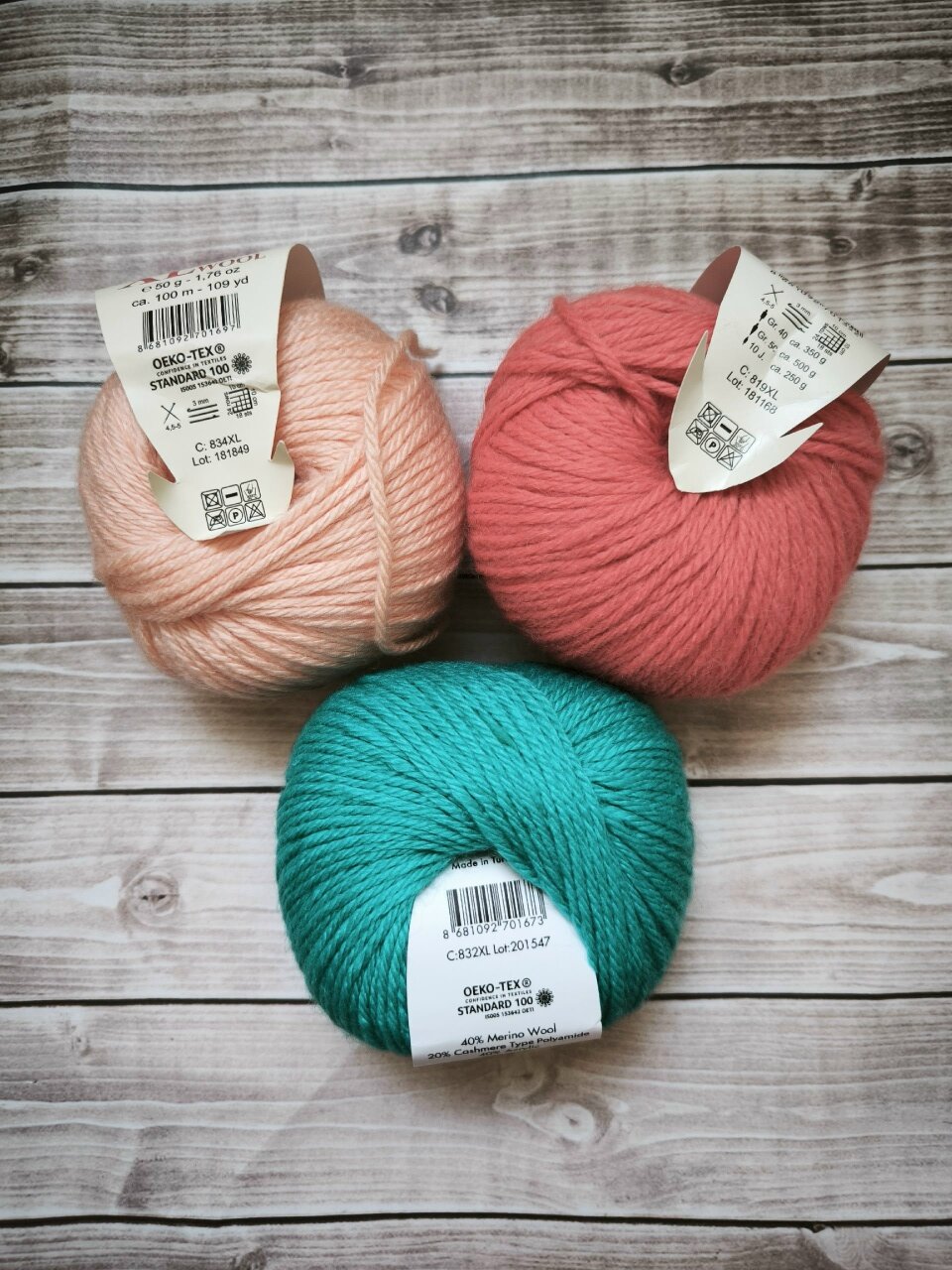 Пряжа Gazzal Baby wool XL, цвет 819 xl, 832 xl, 834 xl - набор 3 мотка, вес мотка 50 гр, длина нити 100 м