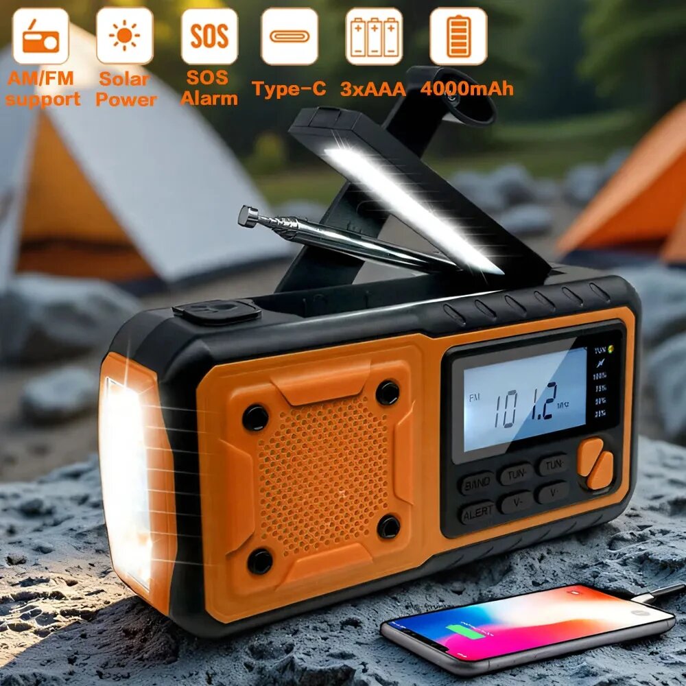 Portable Emergency Solar Power Radio Hand Crank Charging AM/FM Weather Radio Led Reading Flashlight Bank Phone Charger
