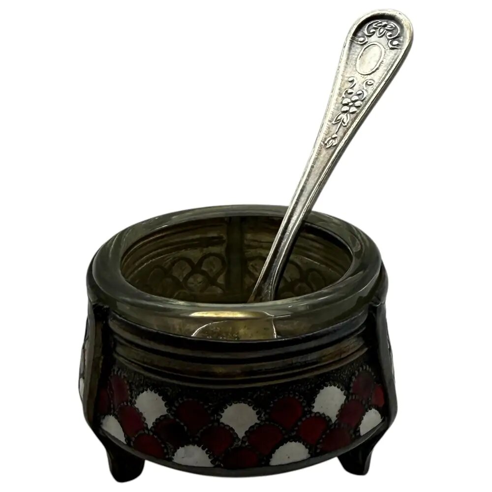 Солонка "Чешуйки" с ложечкой, МНЦ, эмаль, 2ЮММЕТ, 1962 г, фабрика "Ювелир", Мстера, СССР