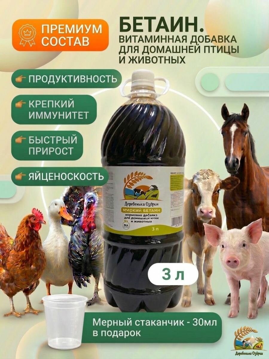 Жидкий бетаин,3л, витаминная кормовая добавка к корму комбикорму воде для кур несушек бройлеров, цыплят, домашней птицы, крс, свиньям, лошадям, домашним животным