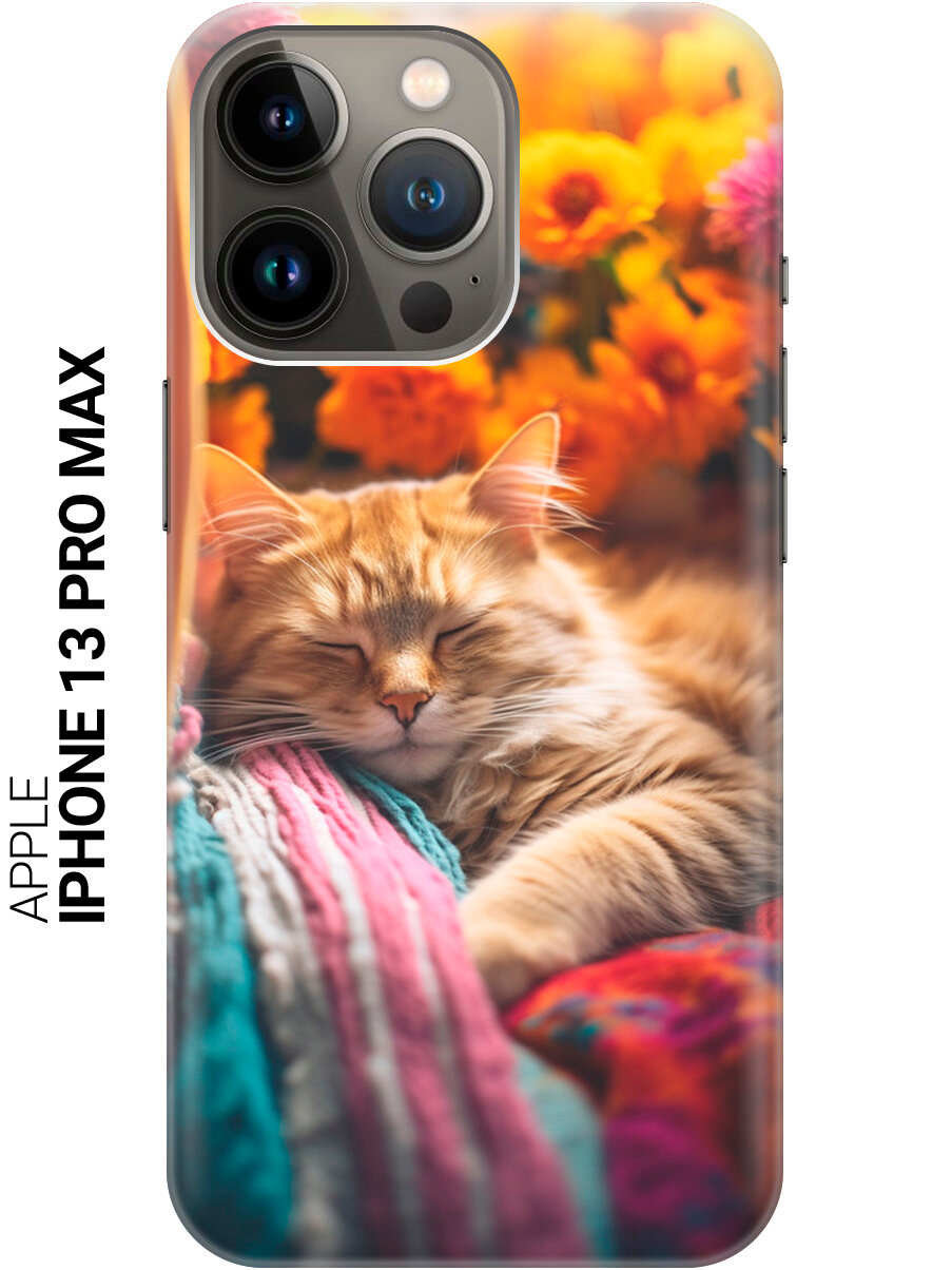 Силиконовый чехол на Apple iPhone 13 Pro Max / Эпл Айфон 13 Про Макс с рисунком "Спящий на пледе котик"