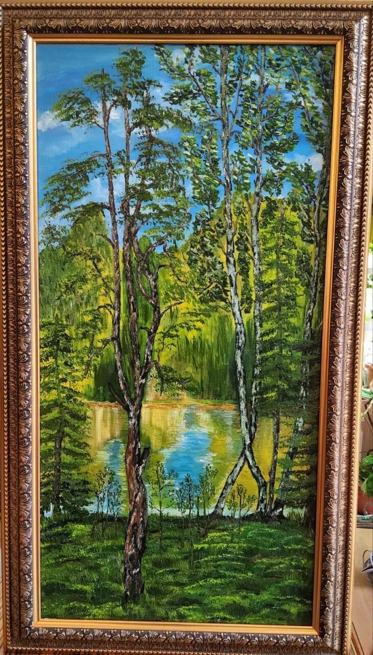 Картина в раме. Миляева Нина "Закат", холст, масло, мастихин, 40x80. Авторская живопись.