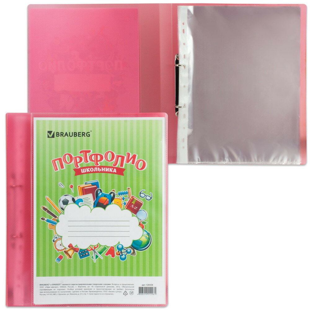 Папка для портфолио школьника, 2 кольца, 20 файлов, пластик полупрозрачный, красная, BRAUBERG, 126558, 1 шт