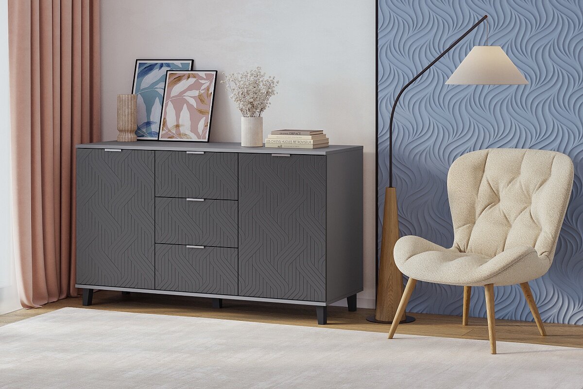 Комод МебельЛэнд24 Марвин 4 фрезеровка 3 Графит 140x40x80 серый двухдверный с 3 ящиками