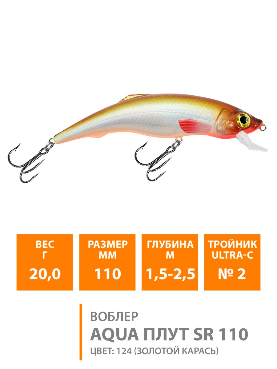 Воблер для рыбалки плавающий AQUA Плут SR 110mm 20g заглубление от 1.5 до 2.5m цвет 124