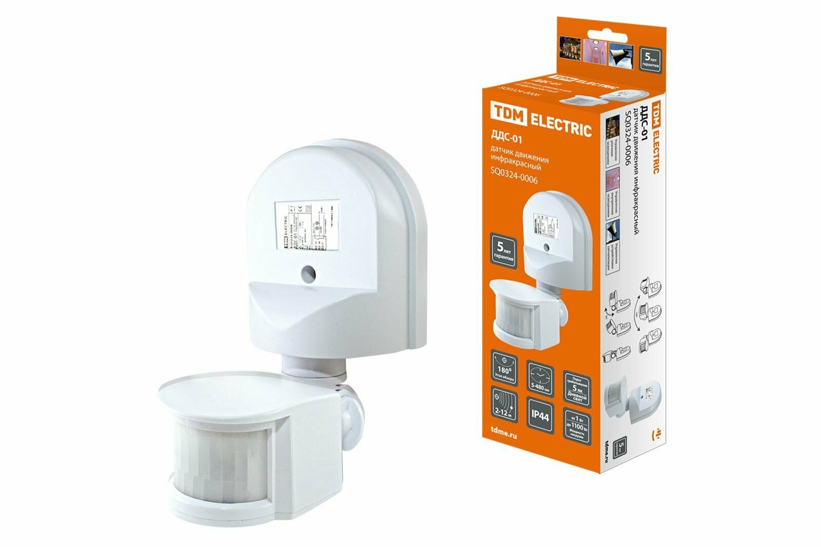 Датчик движения до1100Вт, 5-480с, 2-12м, 5+Лк, 180гр, IP44, TDM ДДС-01
