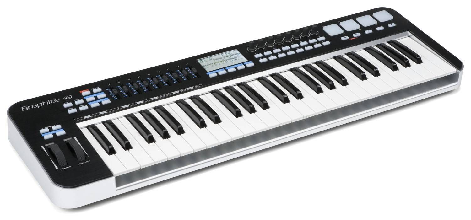 GRAPHITE 49 USB/MIDI-клавиатура, 49 чувствит-х к скорости нажатия полувзвешенных клавиш, 9 фейдеров, 4 драм-пэда, 2 колеса (Pitch/Modulation), LCD дисплей, совместим с iPad/PC/Mac, вес 4,6 кг. SAMSON